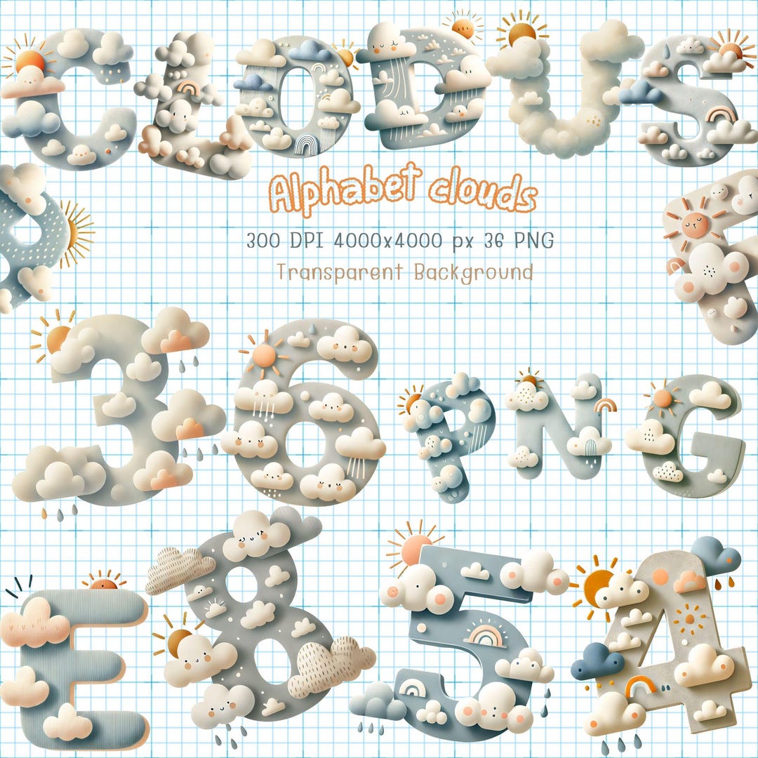 Clouds Alphabets and Numbers Clipart, Cloud Letters PNG, Succulent Font ...