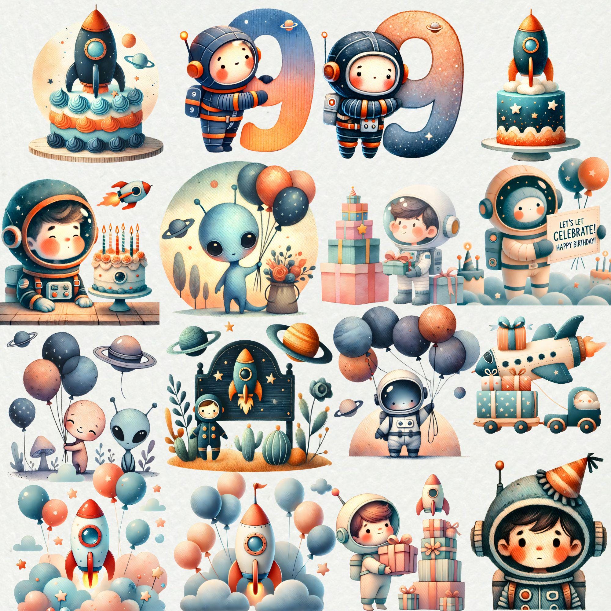 Watercolor Space Birthday Party Png, Planets Rocket Ship Astronaut ...