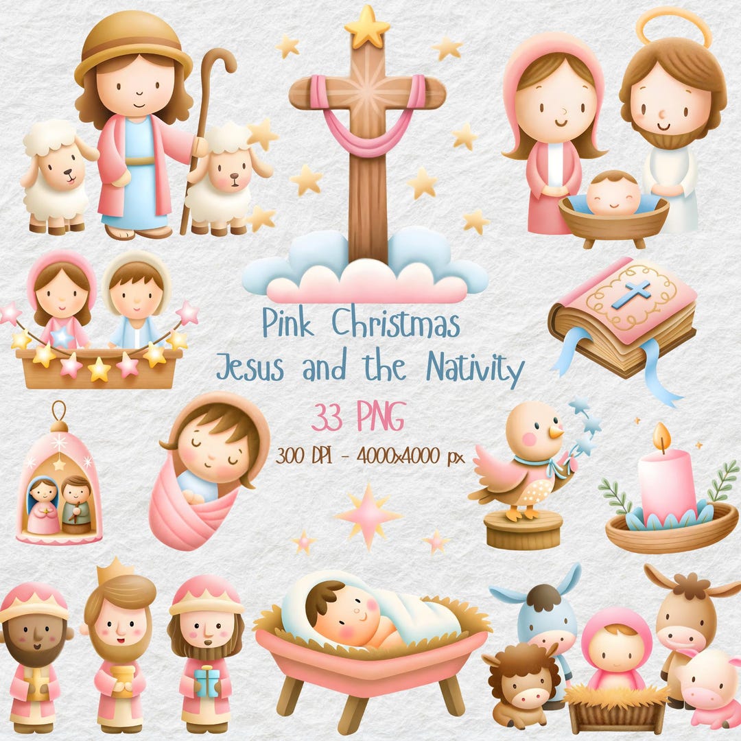Pink Christmas Cute Nativity Scene Clipart , Xmas Watercolor Jesus ...