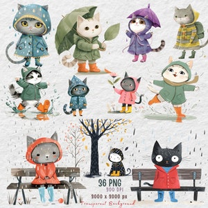 Spring Cat, Cute Cat Clipart, Cat Umbrella, Cat in Raincoat Clipart ...