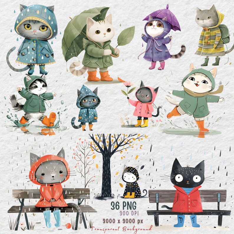 Spring Cat Clipart: Rainy Day Cats in Raincoats (PDF Download) - Etsy