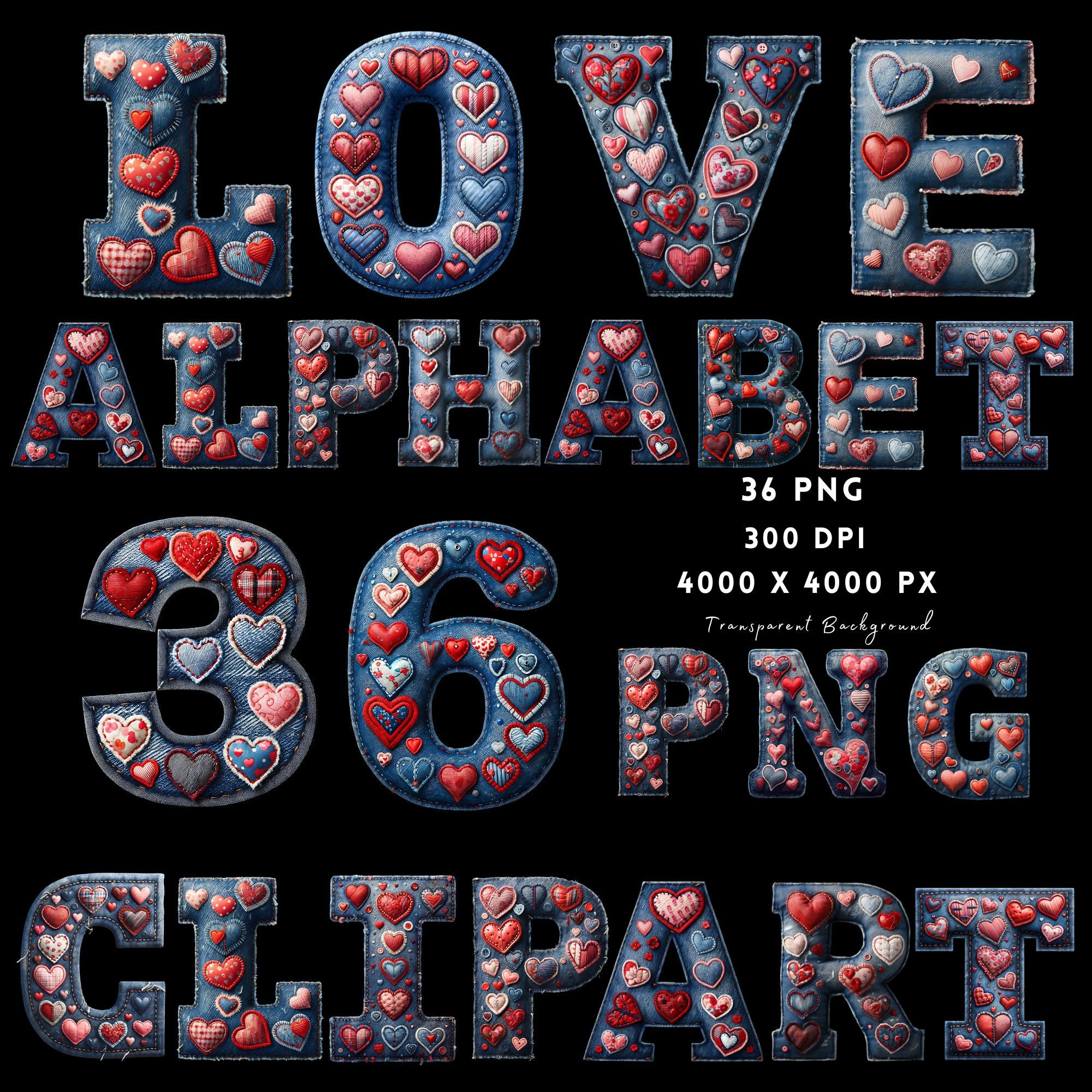 Valentine Alphabet PNG, Denim Alphabet, Heart Alphabet, Love Heart ...