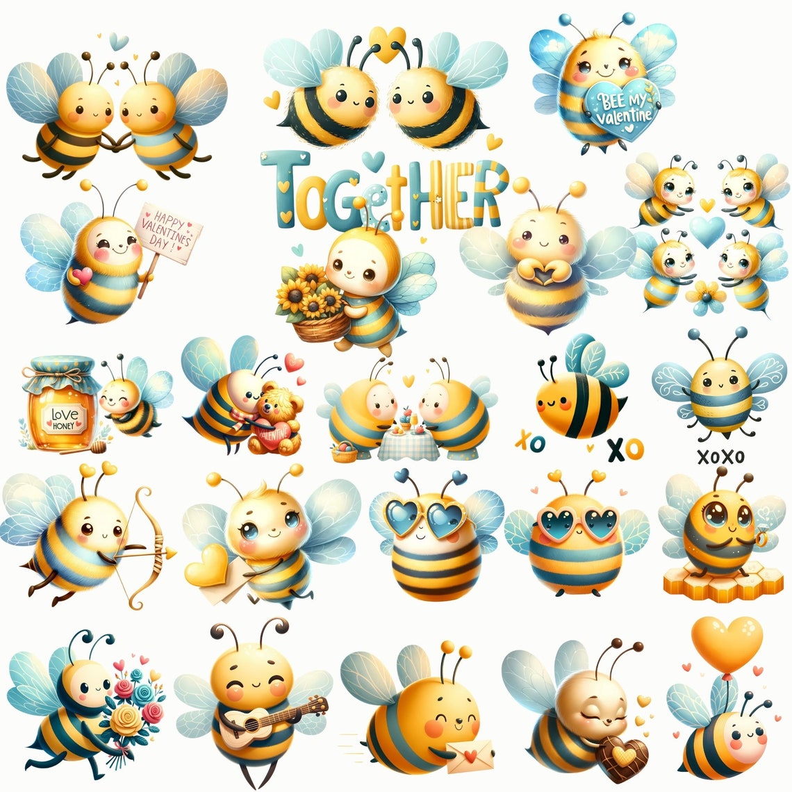 Cute Bee in Love Water Color Clipart , Honey Bee With Flower Character ...