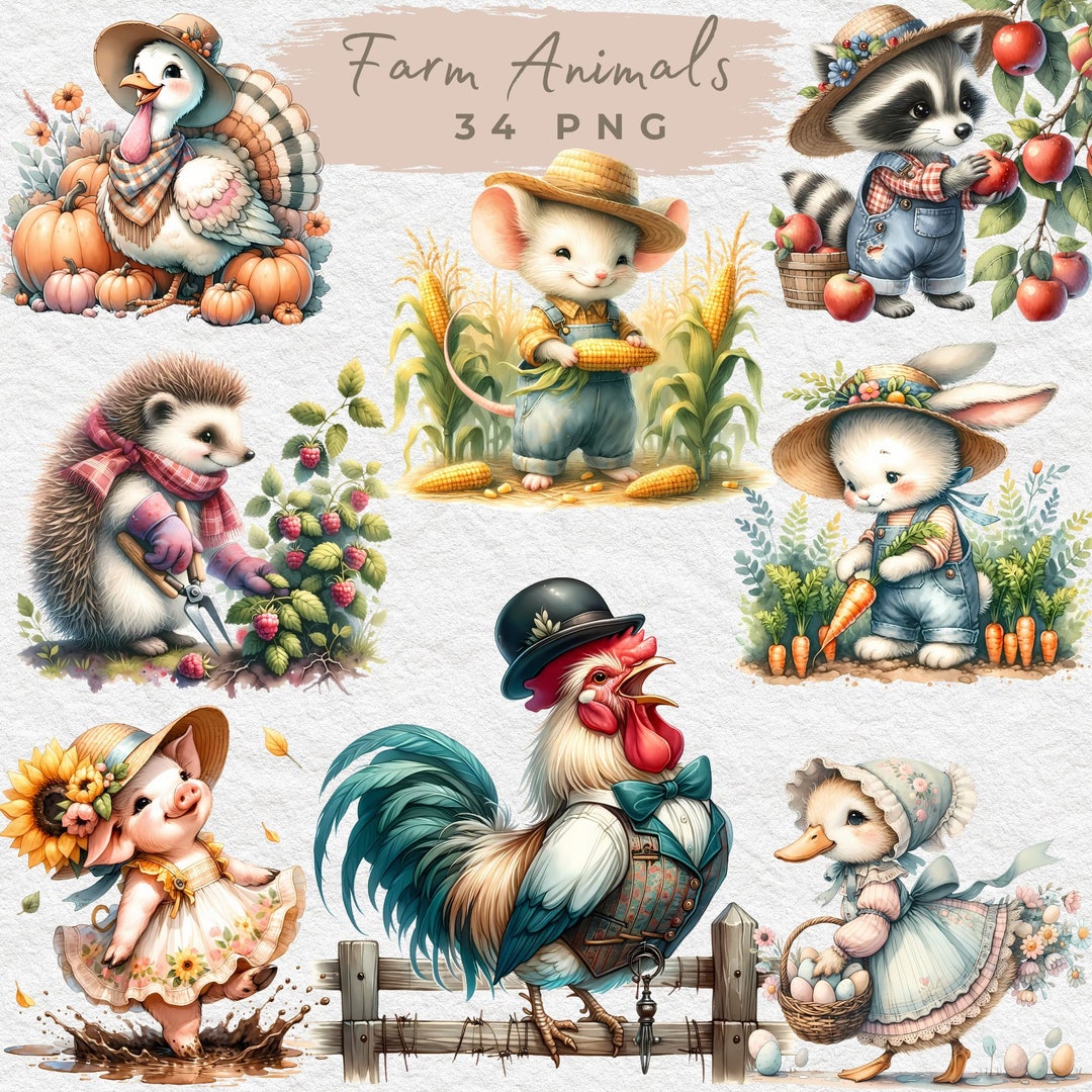 Farm Animals, Cute Farm Clipart, Farm Animals Watercolor Digital ...