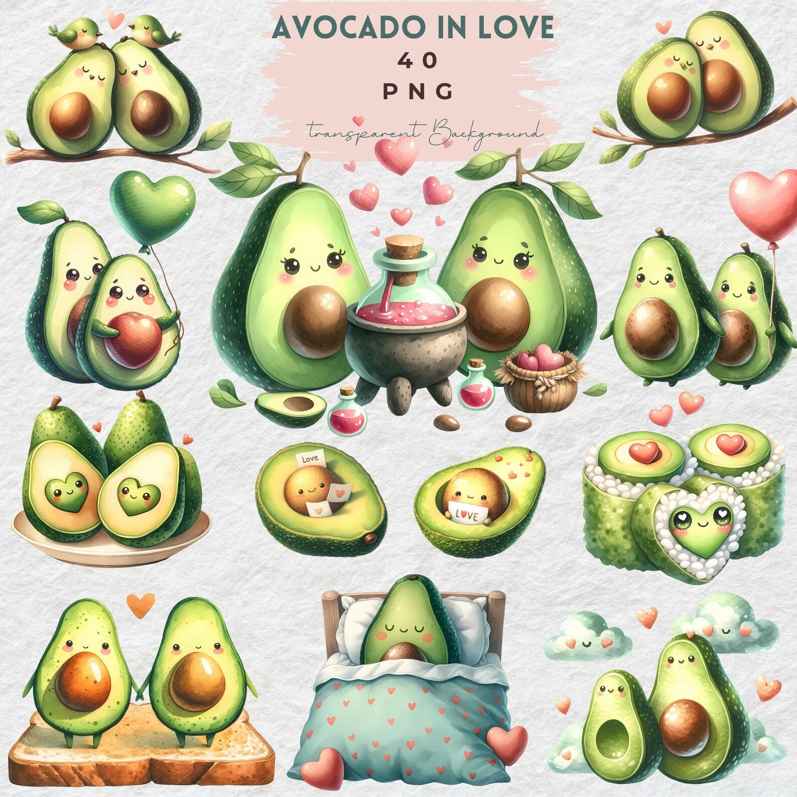 Watercolor Valentine Avocado Clipart, Avocado PNG, Valentine Clipart ...