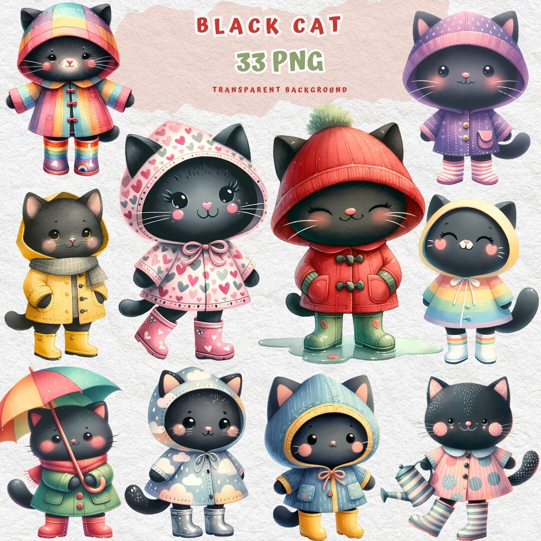 Black Cat, Cute Cat Clipart, Cat Umbrella, Cat in Raincoat Clipart ...