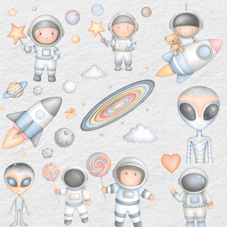 Watercolor Astronaut Clipart: Space Rockets, Planets (digital Download ...