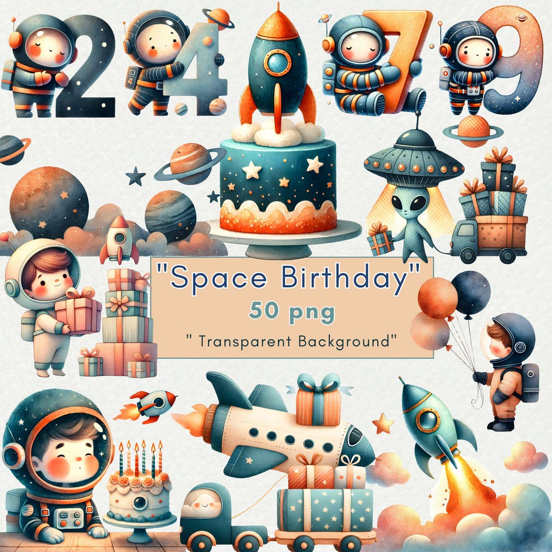 Watercolor Space Birthday Party Png, Planets Rocket Ship Astronaut ...