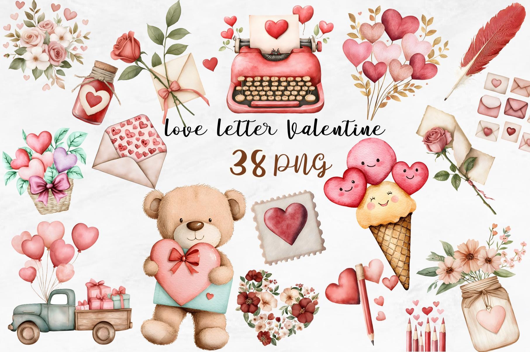 Valentines Clipart: Love Letter, Bear, Heart PNG (38 Files) - Etsy