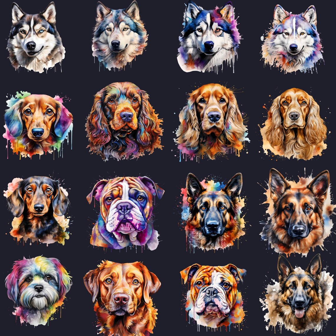 Assorted Dog Clipart, Watercolor Dog Clipart, Dog Art, Cool Dogs , Dog ...