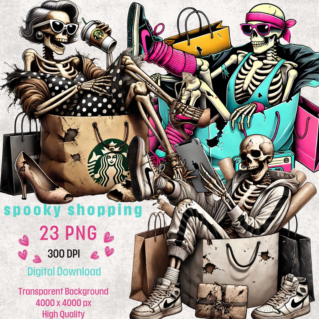 Funny Skeleton Shopping PNG: Spooky Halloween Sublimation (digital ...