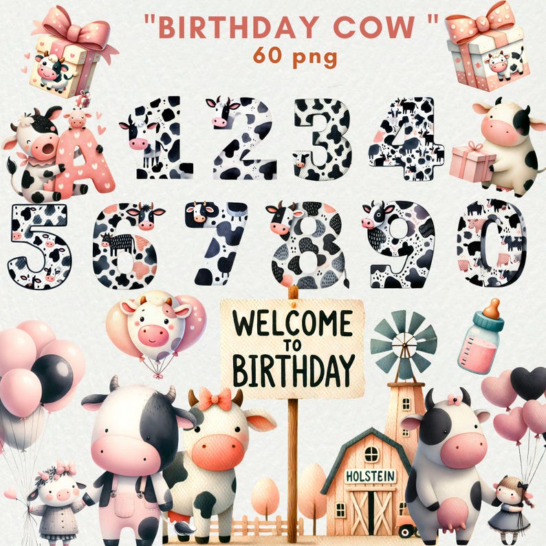 Cow Birthday Party Clipart Bundle, Cute Cow for Baby Shower, Cow ...