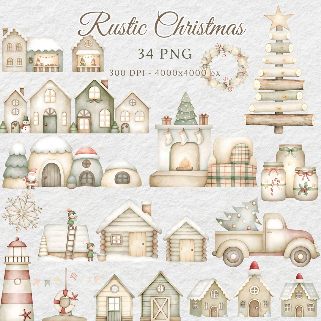 Rustic Christmas Clipart Bundle | Country-style Christmas Illustrations ...