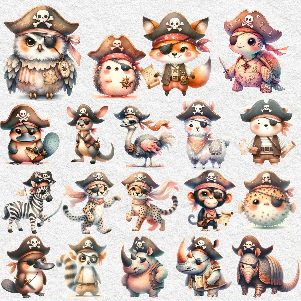 Watercolor Pirate Animals, Cute Pirate Clipart, Elephant Clipart, Baby ...