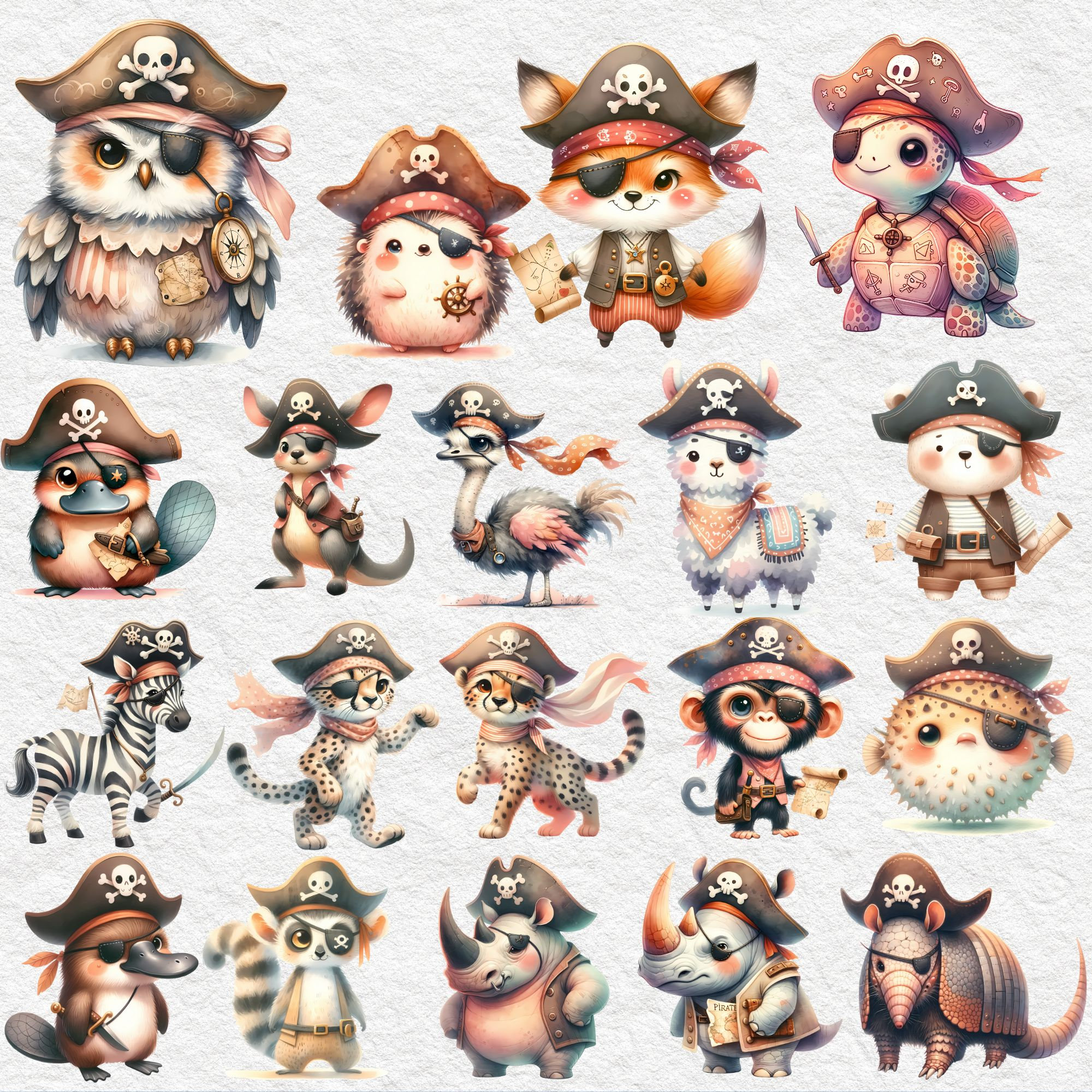 Watercolor Pirate Animals, Cute Pirate Clipart, Elephant Clipart, Baby ...