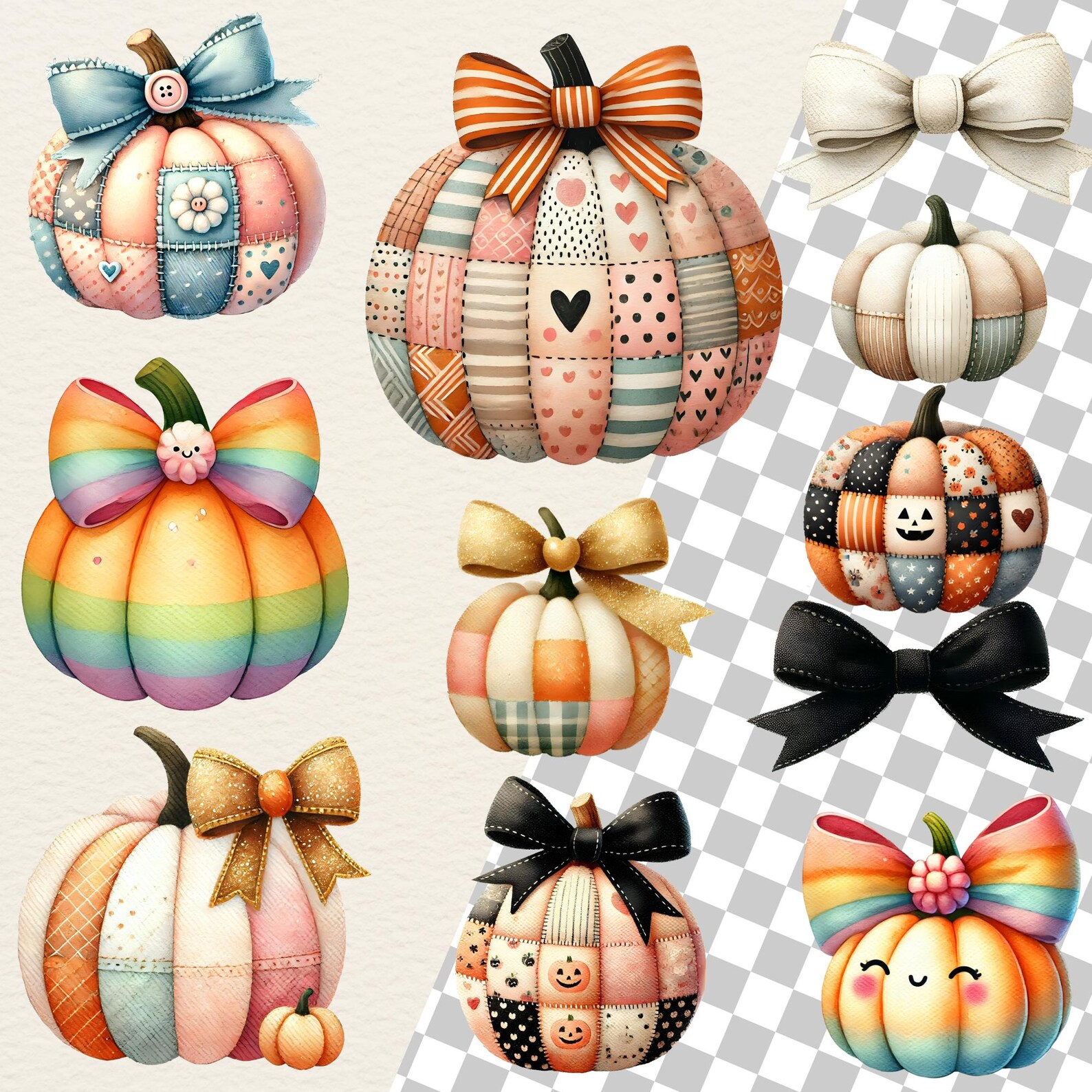 Pumpkin Patchwork Clipart Bundle, Pumpkin PNG, Printable Patchwork ...
