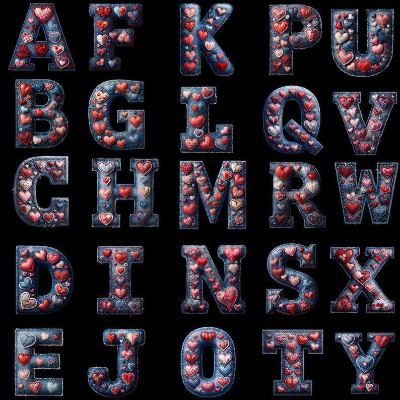 Valentine Alphabet PNG, Denim Alphabet, Heart Alphabet, Love Heart ...