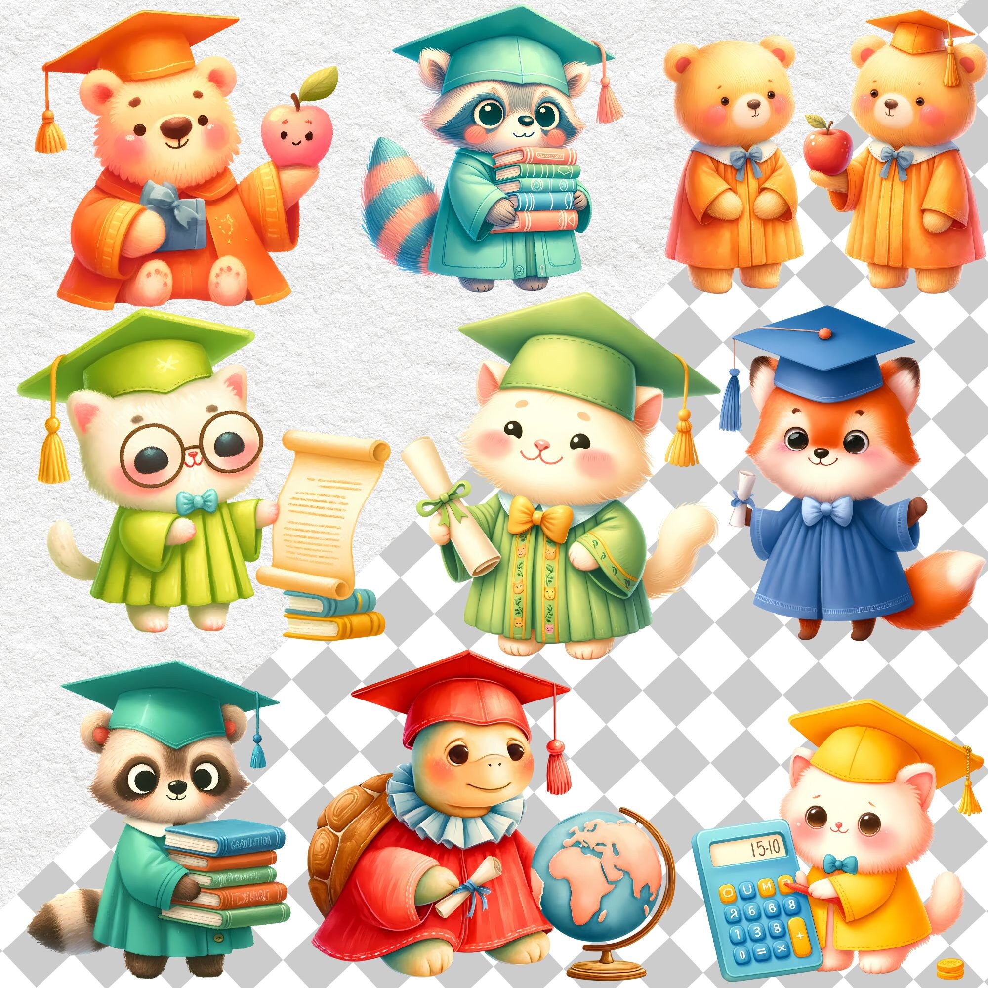 Animals Graduation Clipart, Watercolor Cute Graduation Animals Clipart ...