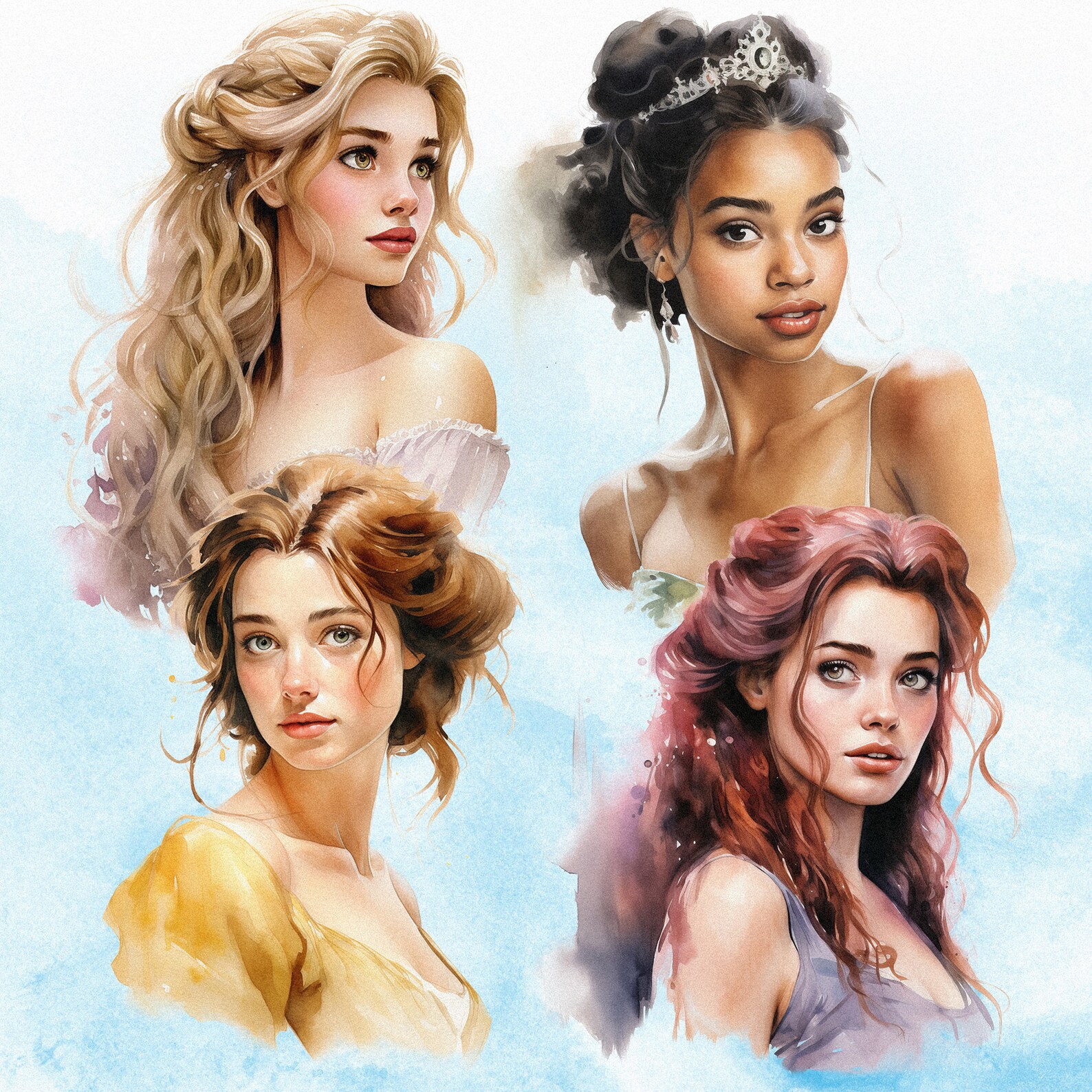 Princess Watercolor Clipart Bundle, 10 Transparent PNG, Paper Craft ...