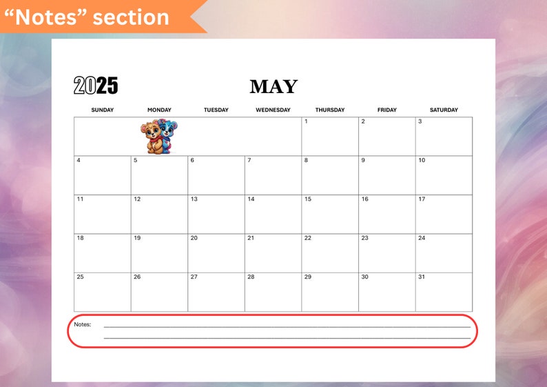 2025 Monthly Calendar Printable Teddy Monthly Planner 2025 Fillable ...