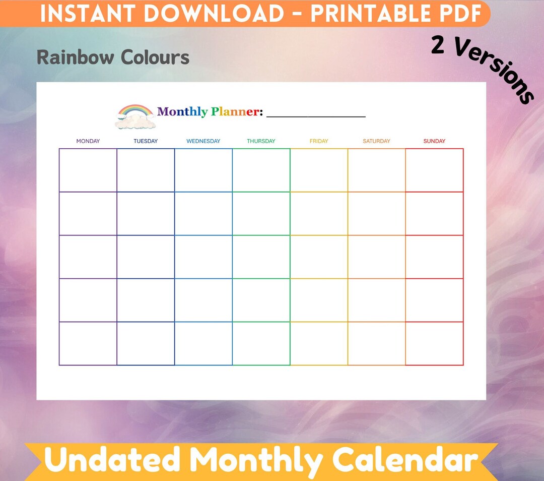Monthly Calendar Undated Printable Blank Rainbow Monthly Planner ...