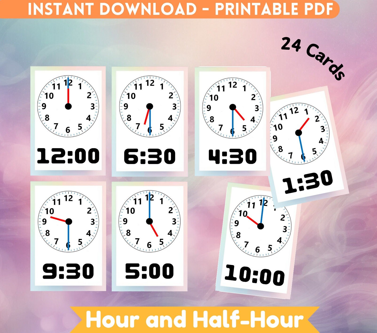 Time Telling Flashcard Hour Half-hour Clock Flash Card Printable ...