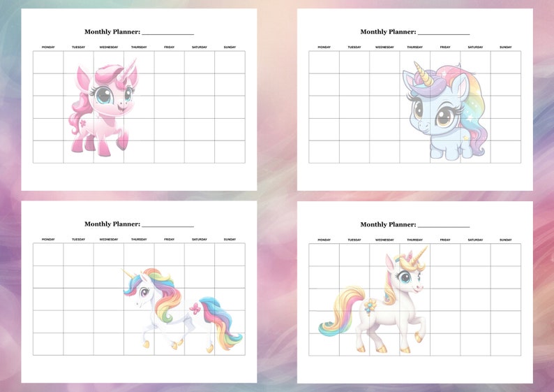 Blank Monthly Calendar Printable Undated Monthly Planner Unicorn ...