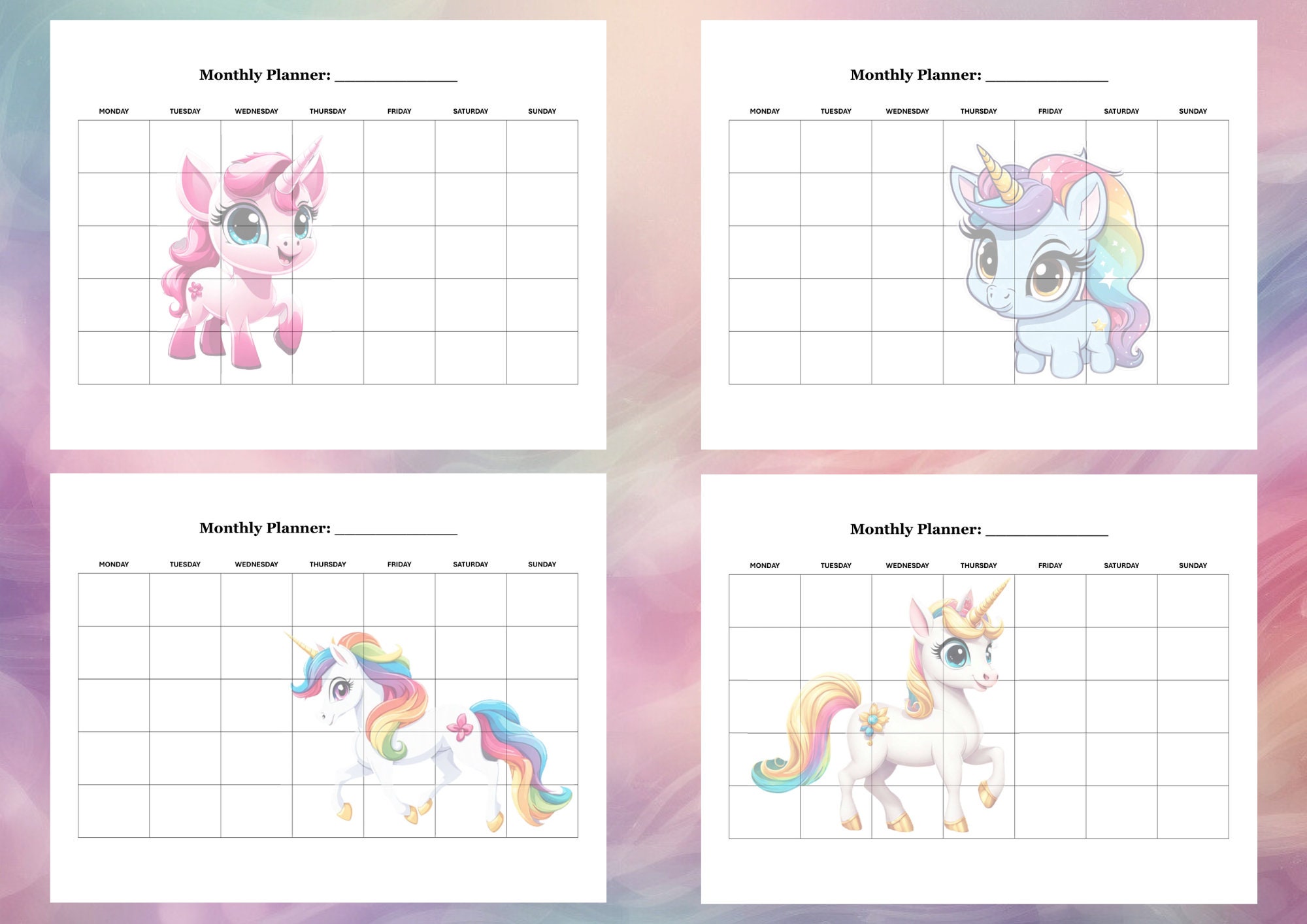 Blank Monthly Calendar Printable Undated Monthly Planner Unicorn ...