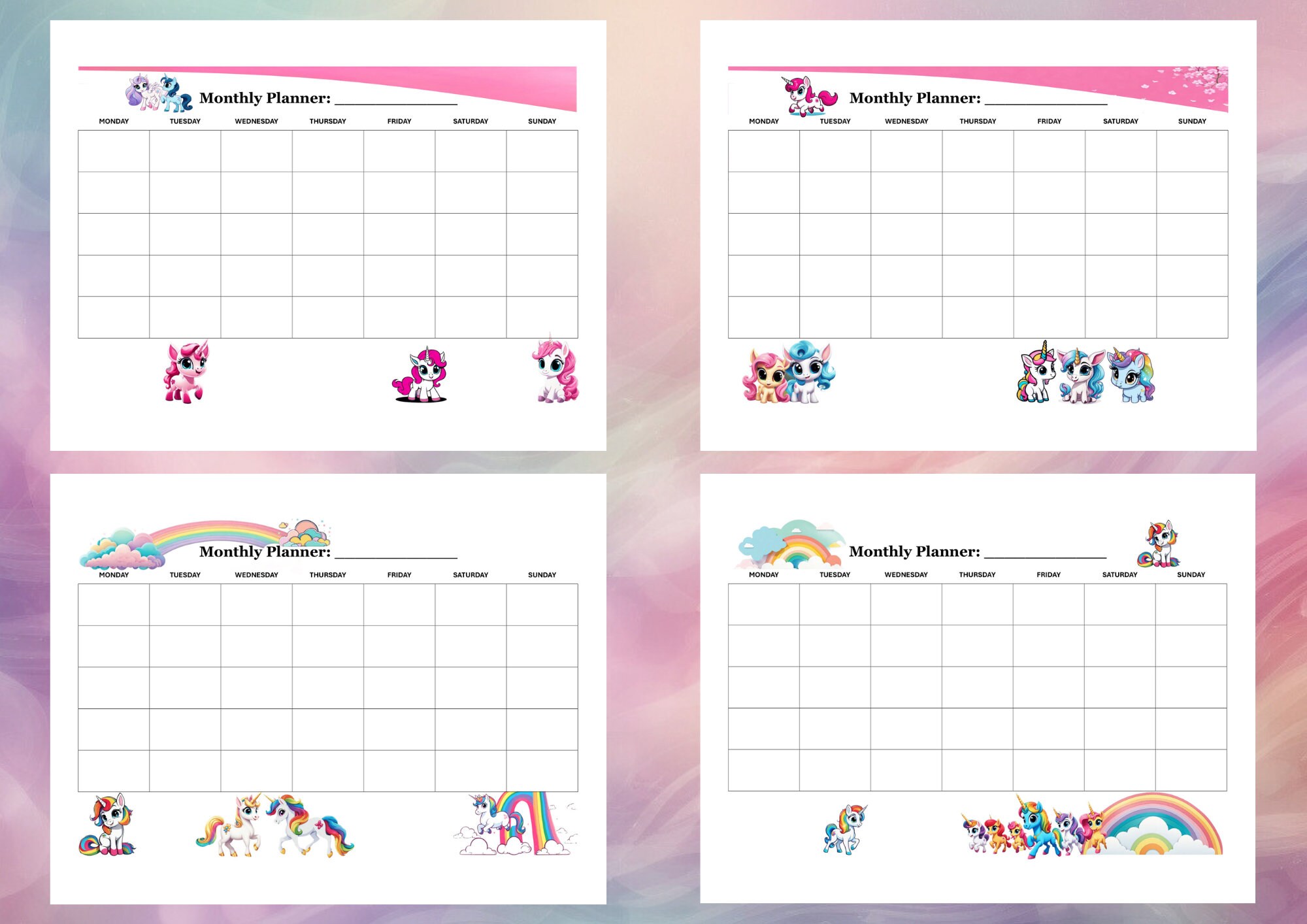 Blank Monthly Calendar Printable Undated Monthly Planner Unicorn ...