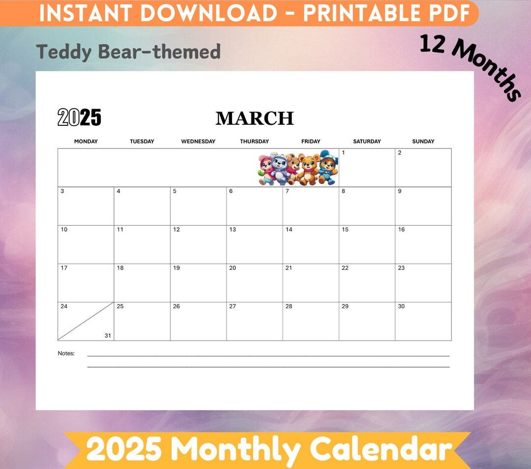 2025 Monthly Calendar Printable Teddy Monthly Planner 2025 Fillable ...