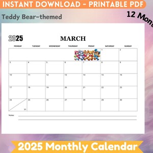 2025 Monthly Calendar Printable Cute Teddy Monthly Planner 2025 ...