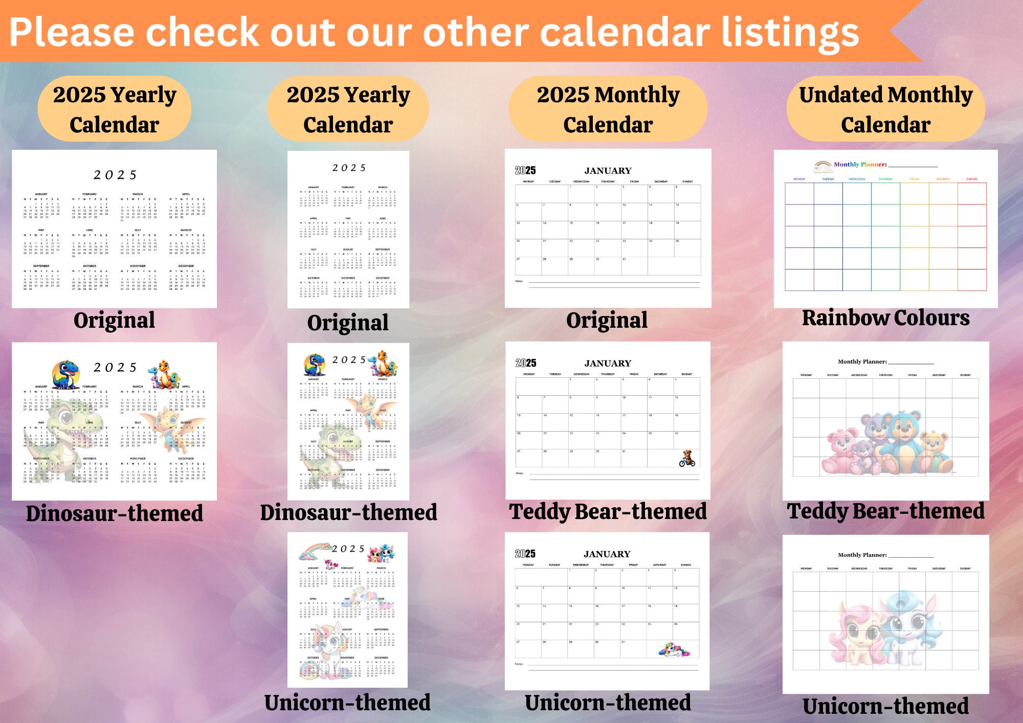 Year 2025 Annual Calendar Printable Unicorn Yearly Planner 2025 ...