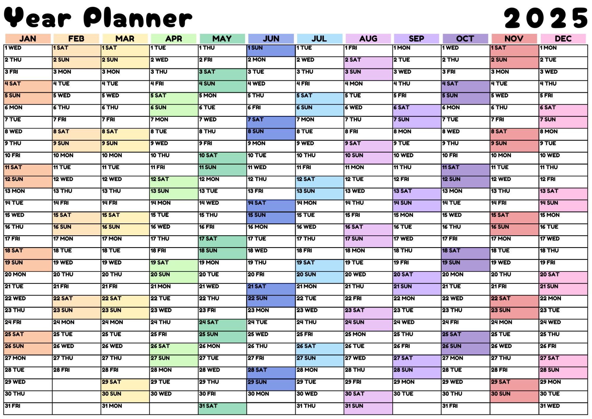 Giant 2025 Wall Planner Printable 2025 Calendar Full Year Wall Calendar ...