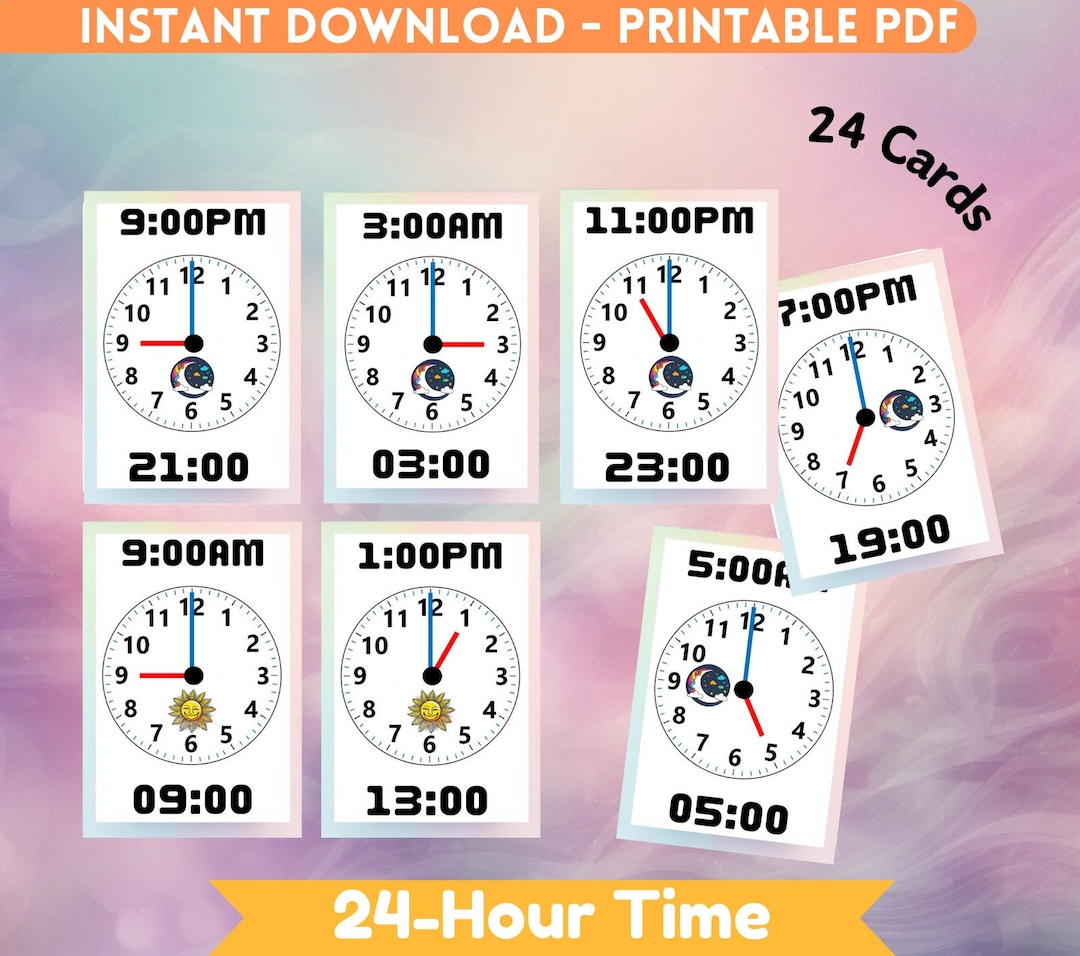 Telling Time Flash Card 24-hour Clock Flashcard Printable Homeschool ...