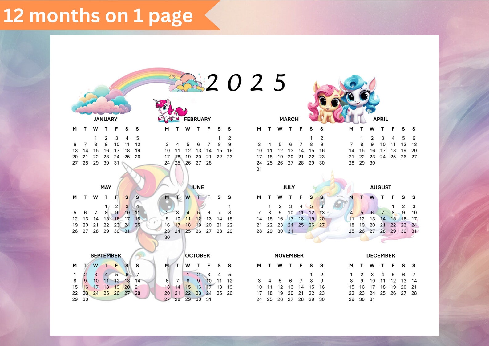 Year 2025 Annual Calendar Printable Unicorn Yearly Planner 2025 ...