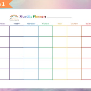 Monthly Calendar Undated Printable Blank Rainbow Monthly Planner ...