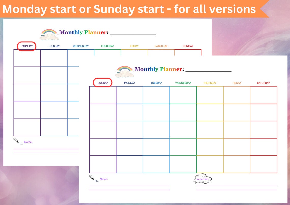Undated Monthly Calendar Printable Blank Rainbow Monthly Planner ...