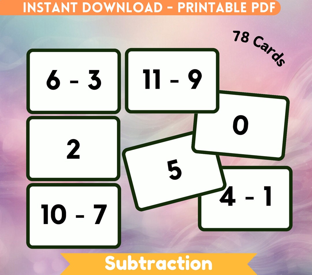 Subtraction Flash Card Printable Homeschool Flashcard Montessori ...