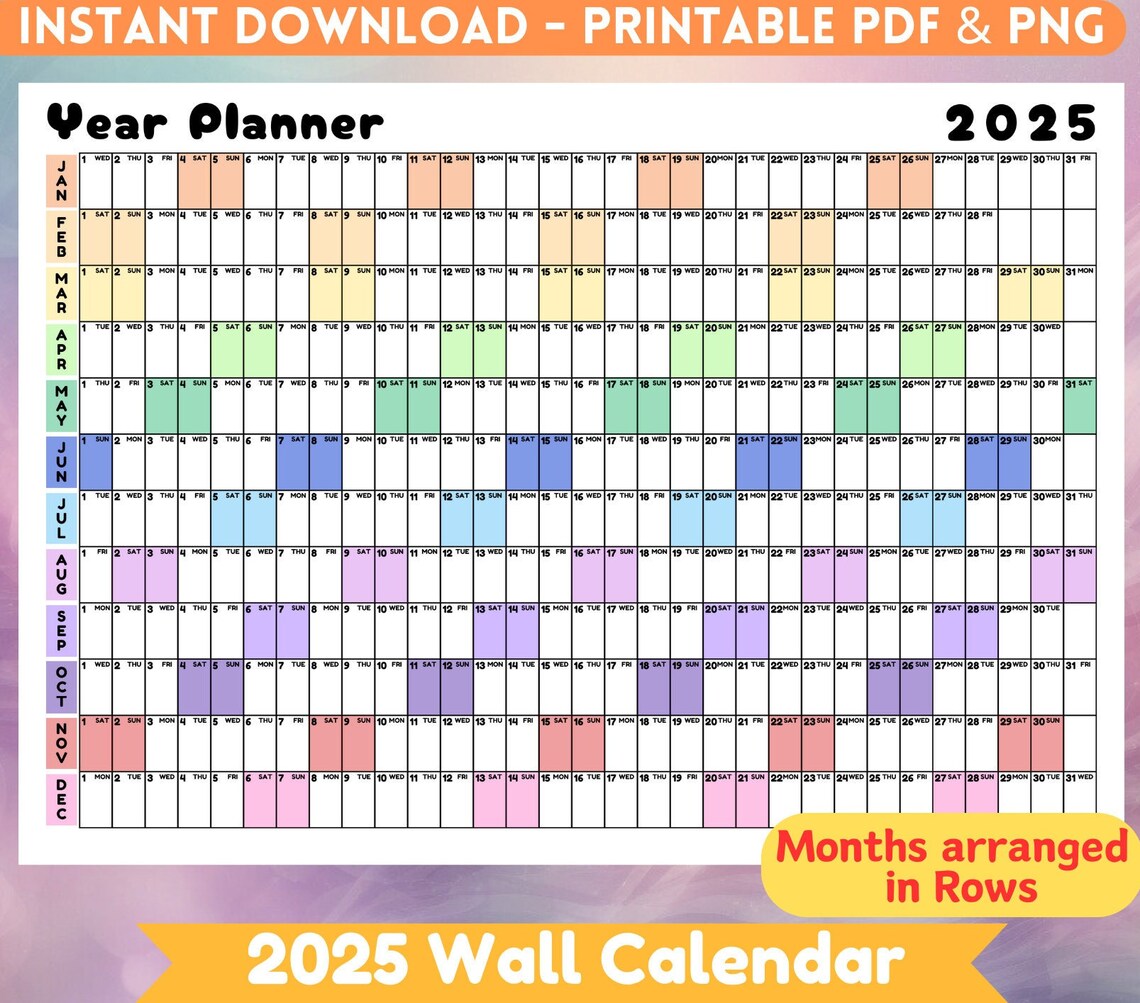 2025 Giant Wall Planner Printable 2025 Full Year Wall Calendar Rainbow ...