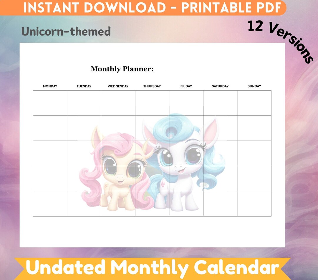 Blank Monthly Calendar Printable Undated Monthly Planner Unicorn ...
