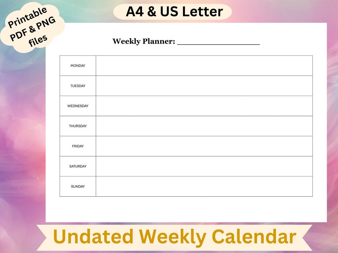 Weekly Calendar Undated Weekly Planner Printable Minimalist Calendar A4 ...