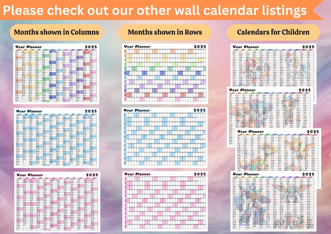Large 2025 Wall Planner Printable 2025 Full Year Wall Calendar Rainbow ...