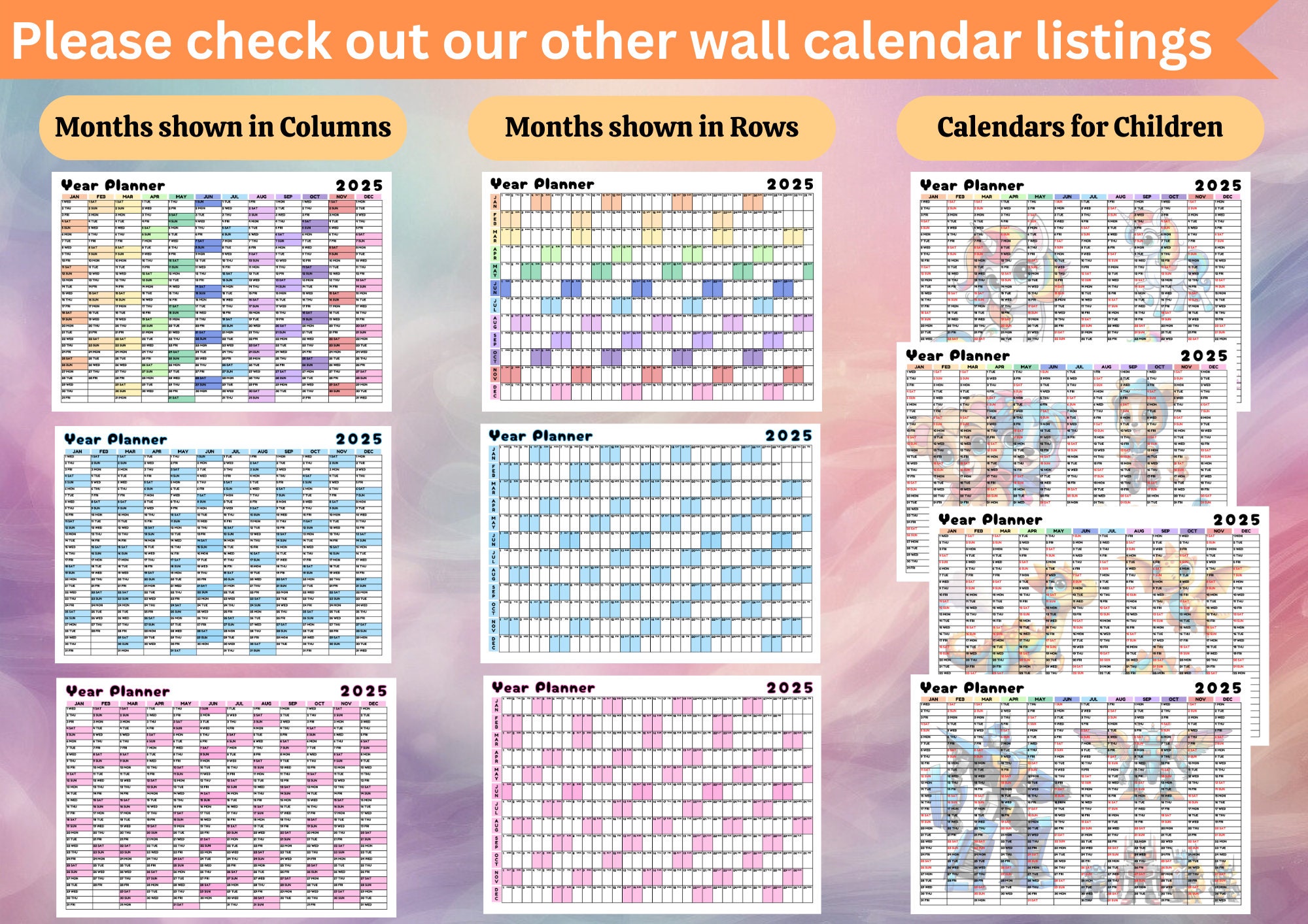 Large 2025 Wall Planner Printable 2025 Full Year Wall Calendar Rainbow ...