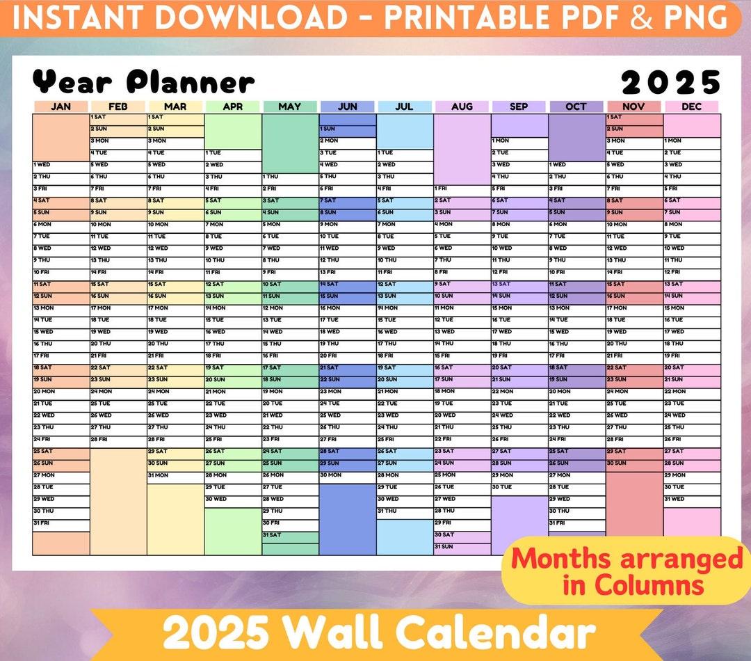 Large 2025 Wall Planner Printable 2025 Full Year Wall Calendar Rainbow ...