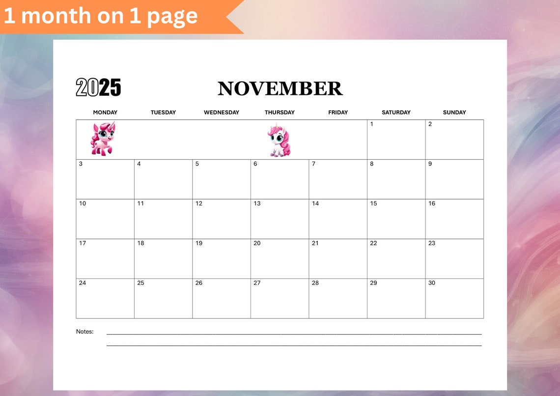 2025 Monthly Calendar Printable Children Unicorn Monthly Planner 2025 ...