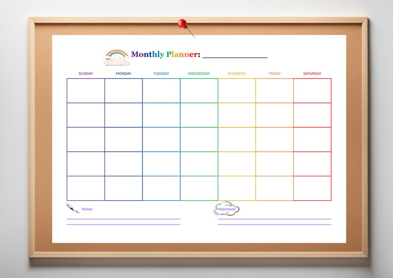 Undated Monthly Calendar Printable Blank Rainbow Monthly Planner ...