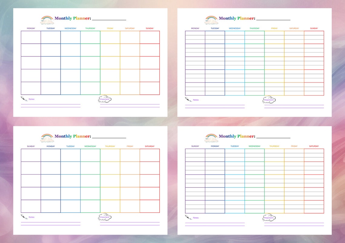 Undated Monthly Calendar Printable Blank Rainbow Monthly Planner ...