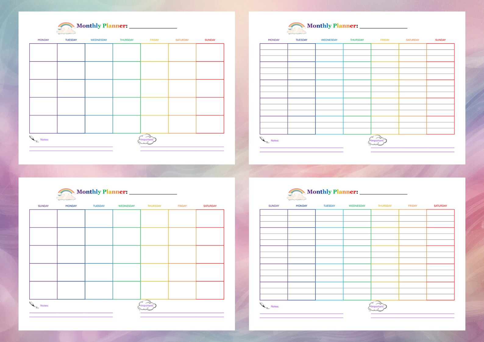 Undated Monthly Calendar Printable Blank Rainbow Monthly Planner ...