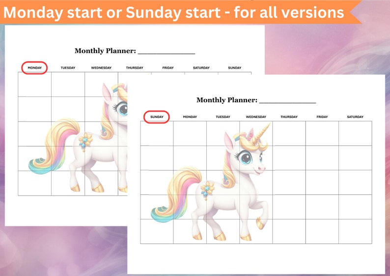 Blank Monthly Calendar Printable Undated Monthly Planner Unicorn ...