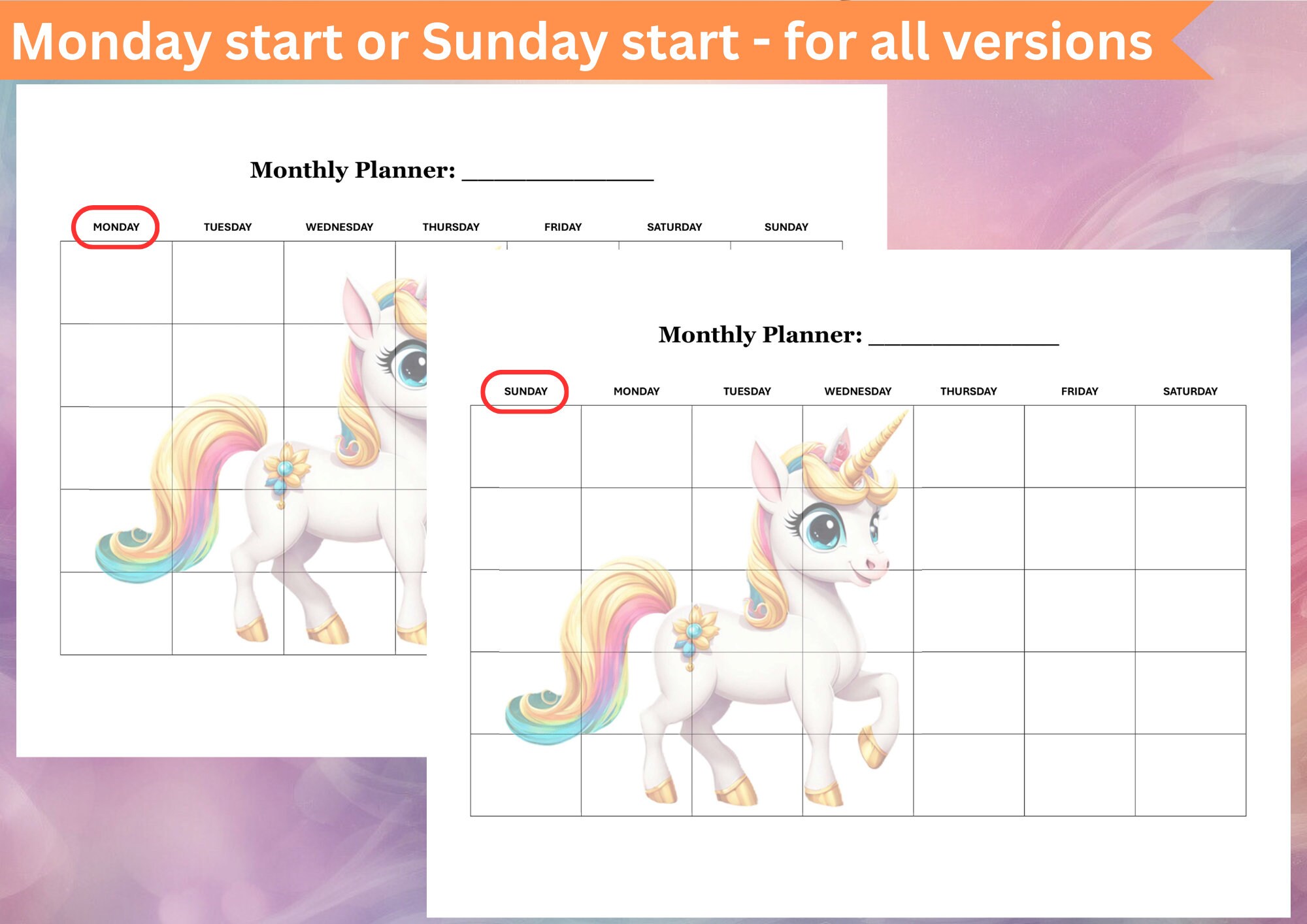 Blank Monthly Calendar Printable Undated Monthly Planner Unicorn ...